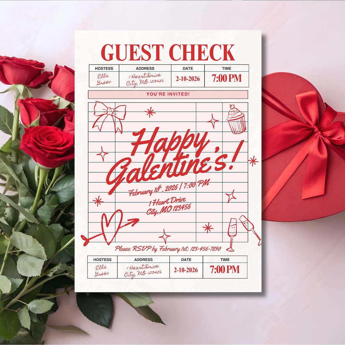 Galentine's Guest Check Invitation Card, Valentine's, Editable Red ...