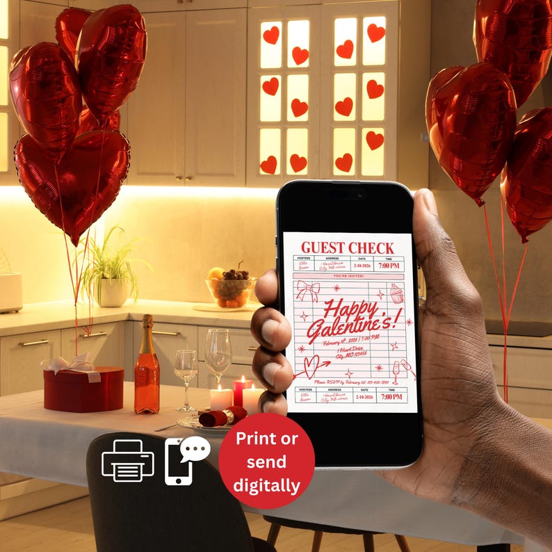 Galentine's Guest Check Invitation Card, Valentine's, Editable Red ...