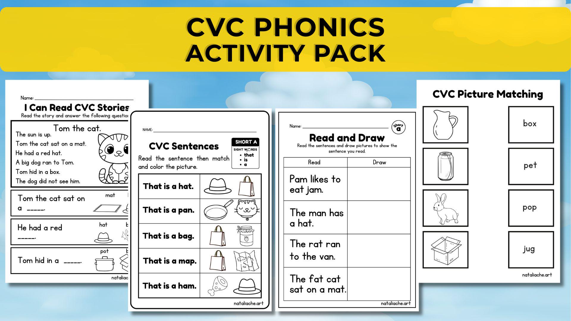 CVC Reading Worksheets Pdf | Short Stories, Sentence Match, Read, Draw ...