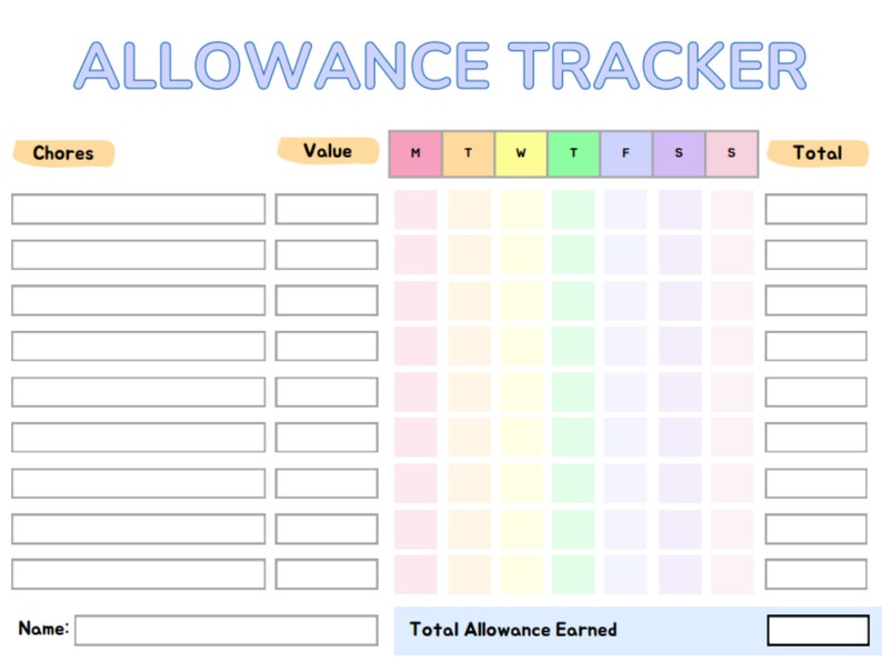 Allowance Tracker Kids Earn Money Chart Daily Weekly Allowance Chore ...
