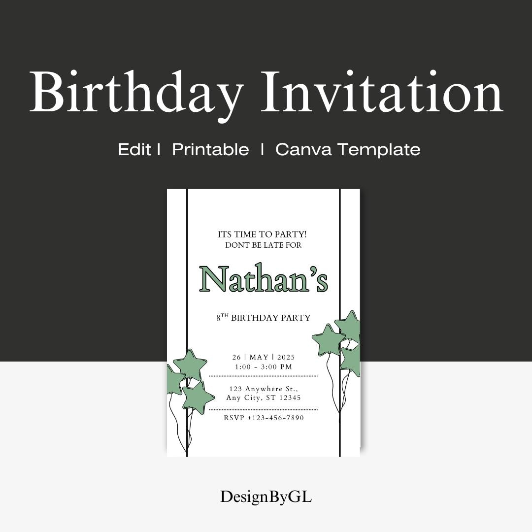 Green Birthday Party Invitation Printable Balloons Fun Party Theme for ...