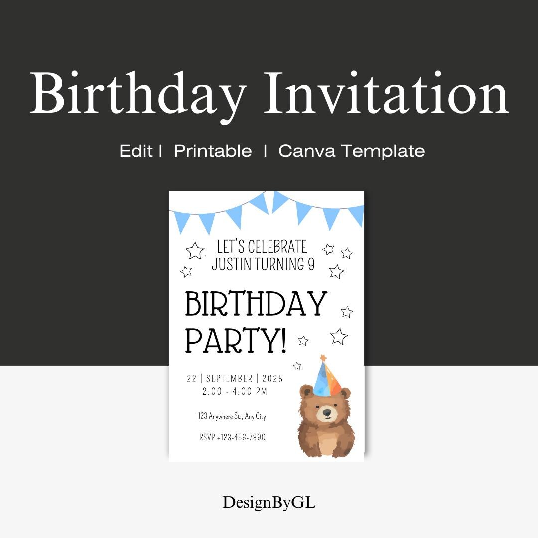 Boy Birthday Party Invitation Printable Blue Party Theme for Kids Canva ...