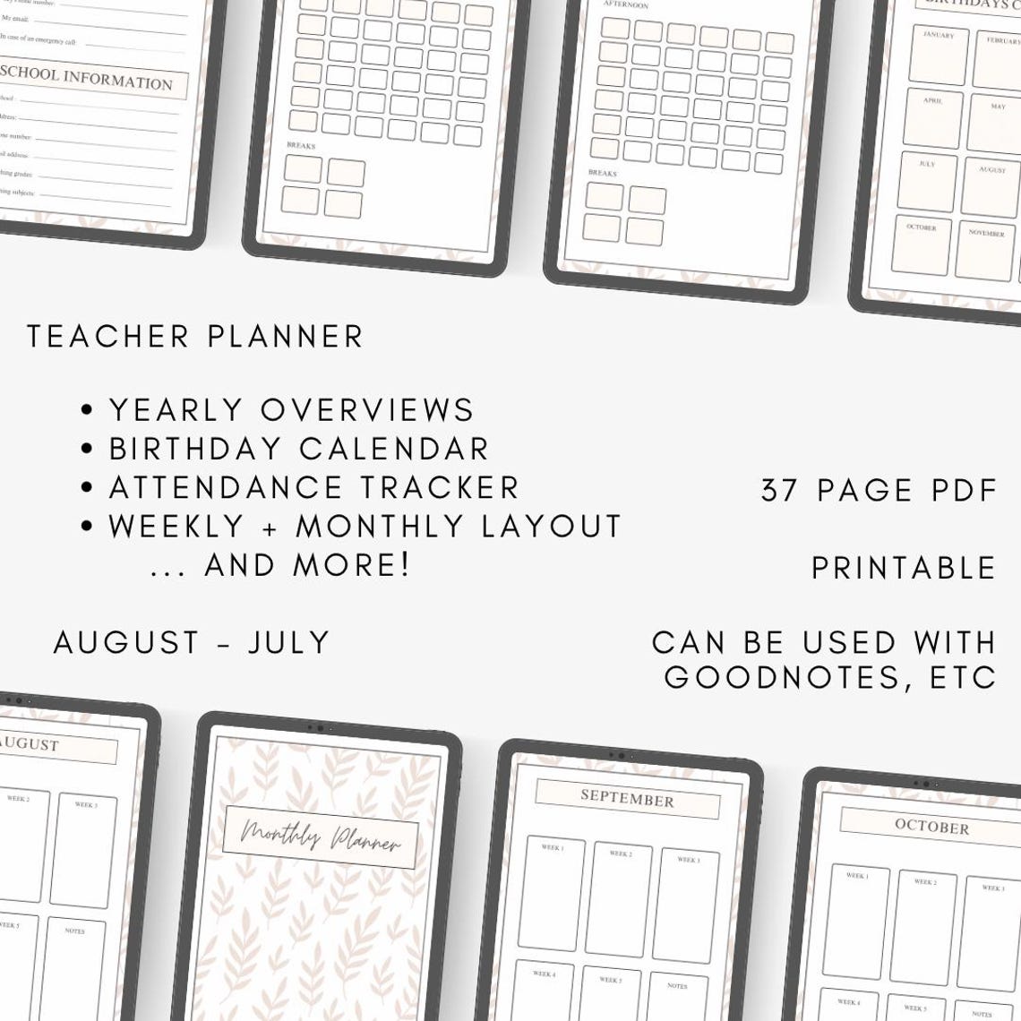 Cream Floral Teacher Planner, Undated Printable PDF - Etsy