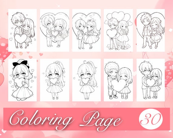 Valentines day Coloring Page Anime Chibi Edition, Valentines Day Kawaii ...