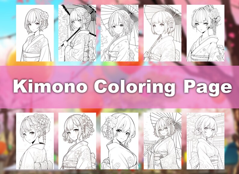 Kimono Anime Coloring Pages: Japan Festival, Summer Fun (digital ...