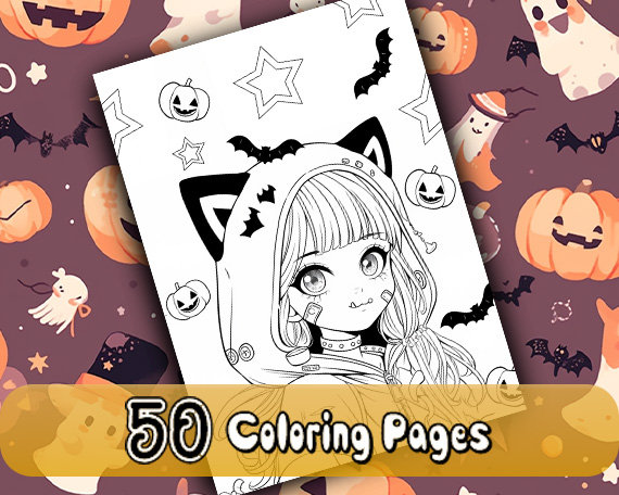 Anime Chibi Halloween Coloring Book, 50 Pages, Kawaii Anime, Chibi ...