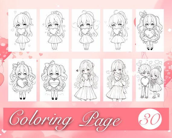 Valentines day Coloring Page Anime Chibi Edition, Valentines Day Kawaii ...