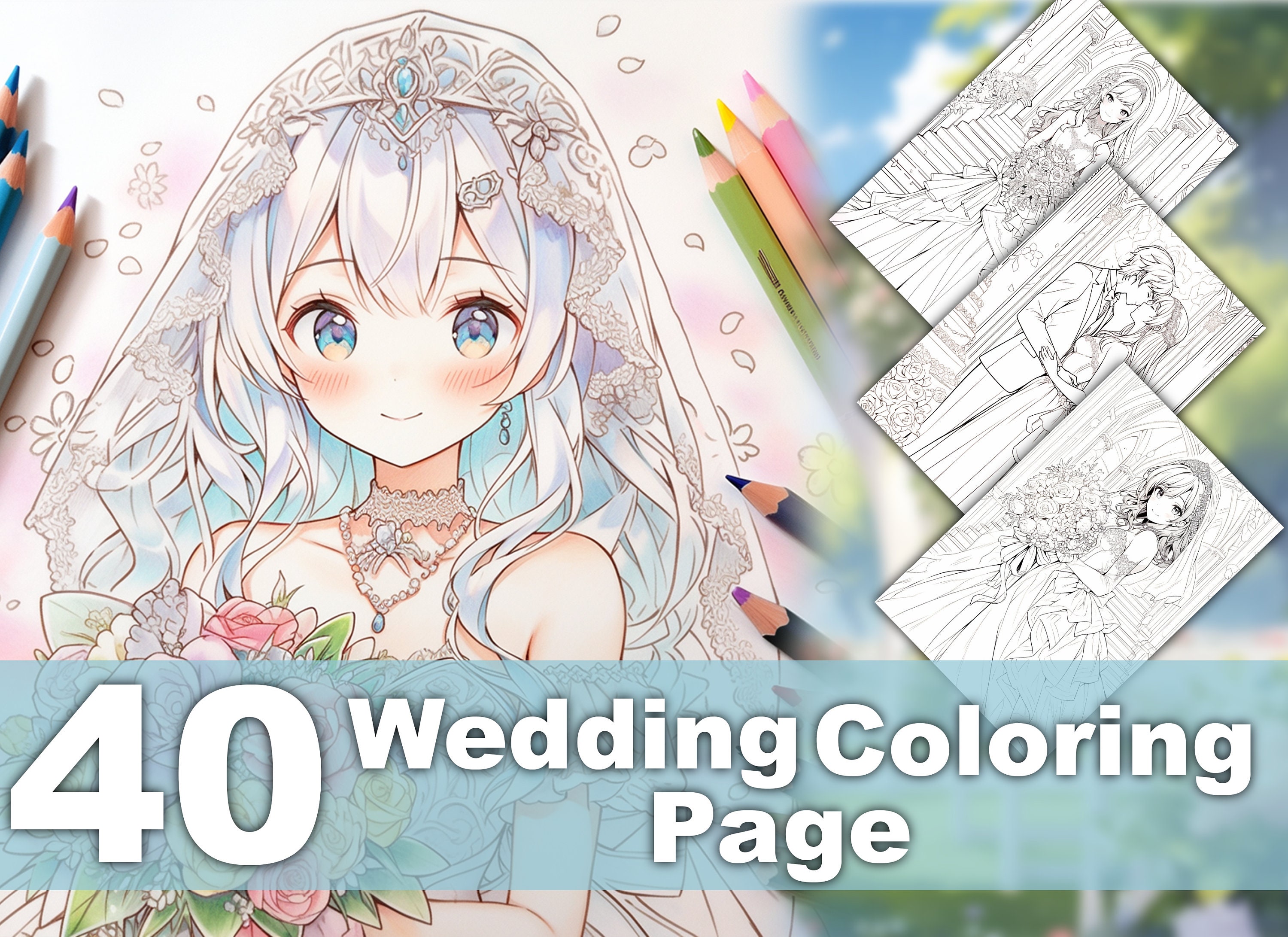 Anime Wedding 40 Coloring Pages, Cute Wedding Coloring Book, Coloring ...