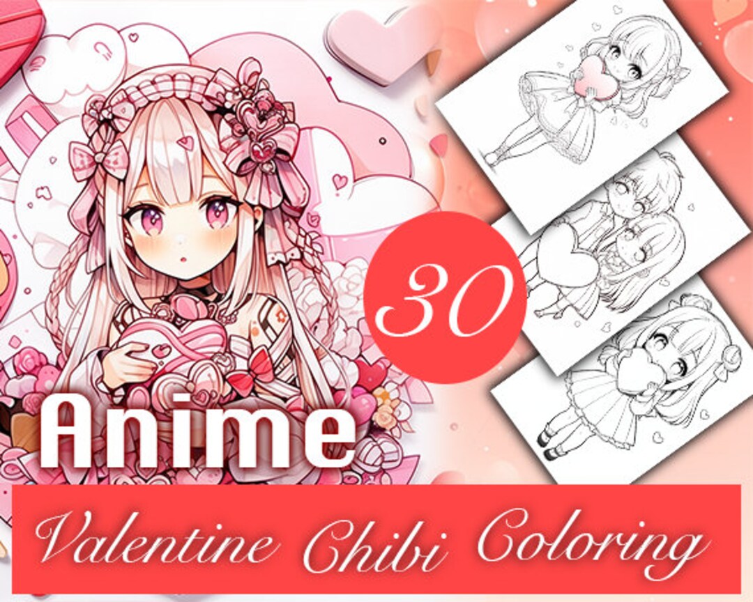 Valentines day Coloring Page Anime Chibi Edition, Valentines Day Kawaii ...