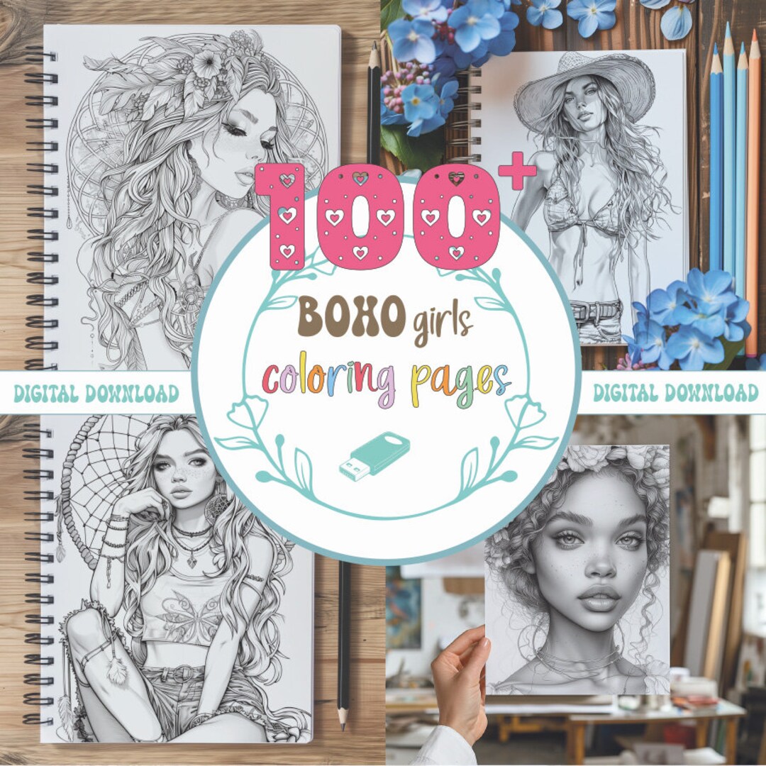 Coloring Pages Boho Bundle PRINTABLE Bohemian Girls Coloring Book ...