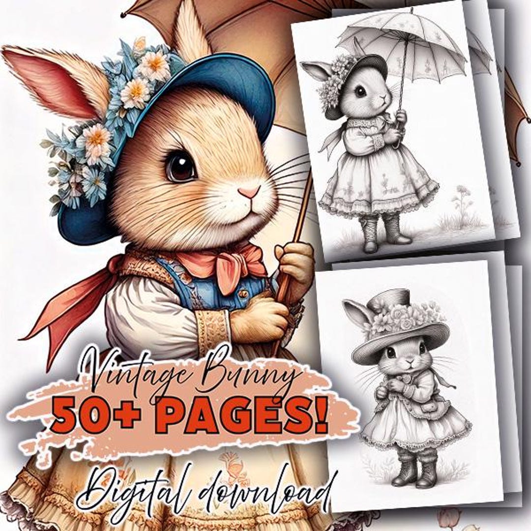 50+pages!! Vintage Cute Bunny Coloring Party DIGITAL DOWNLOAD Girly ...