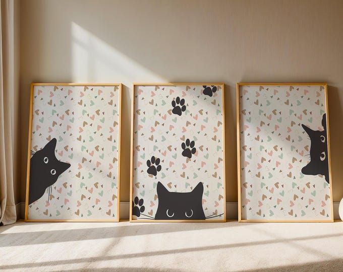 Neutral Boho Cats Art Print Set, Mid Century Modern Art, Illustration ...