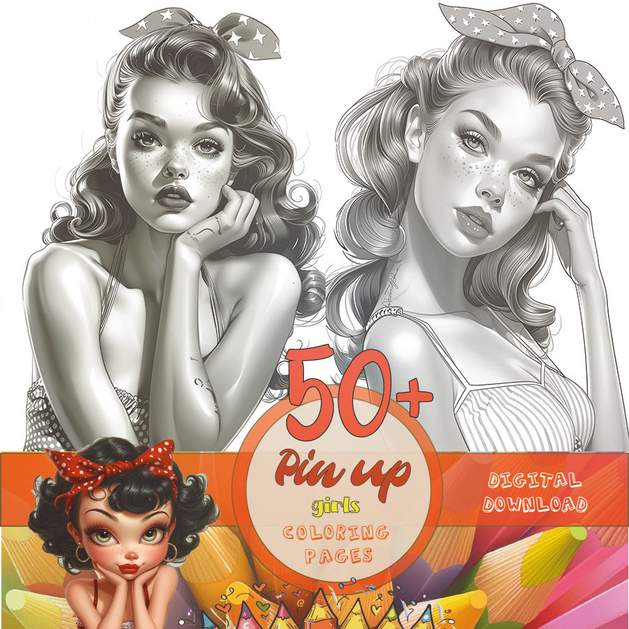 Pin up Girls Coloring Pages Bundle PRINTABLE Coloring Book Retro Women ...