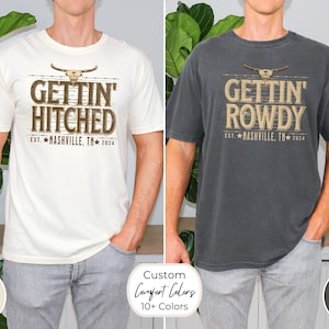 Getting Hitched Getting Rowdy Bachelor Party Shirt Custom Western Guys ...