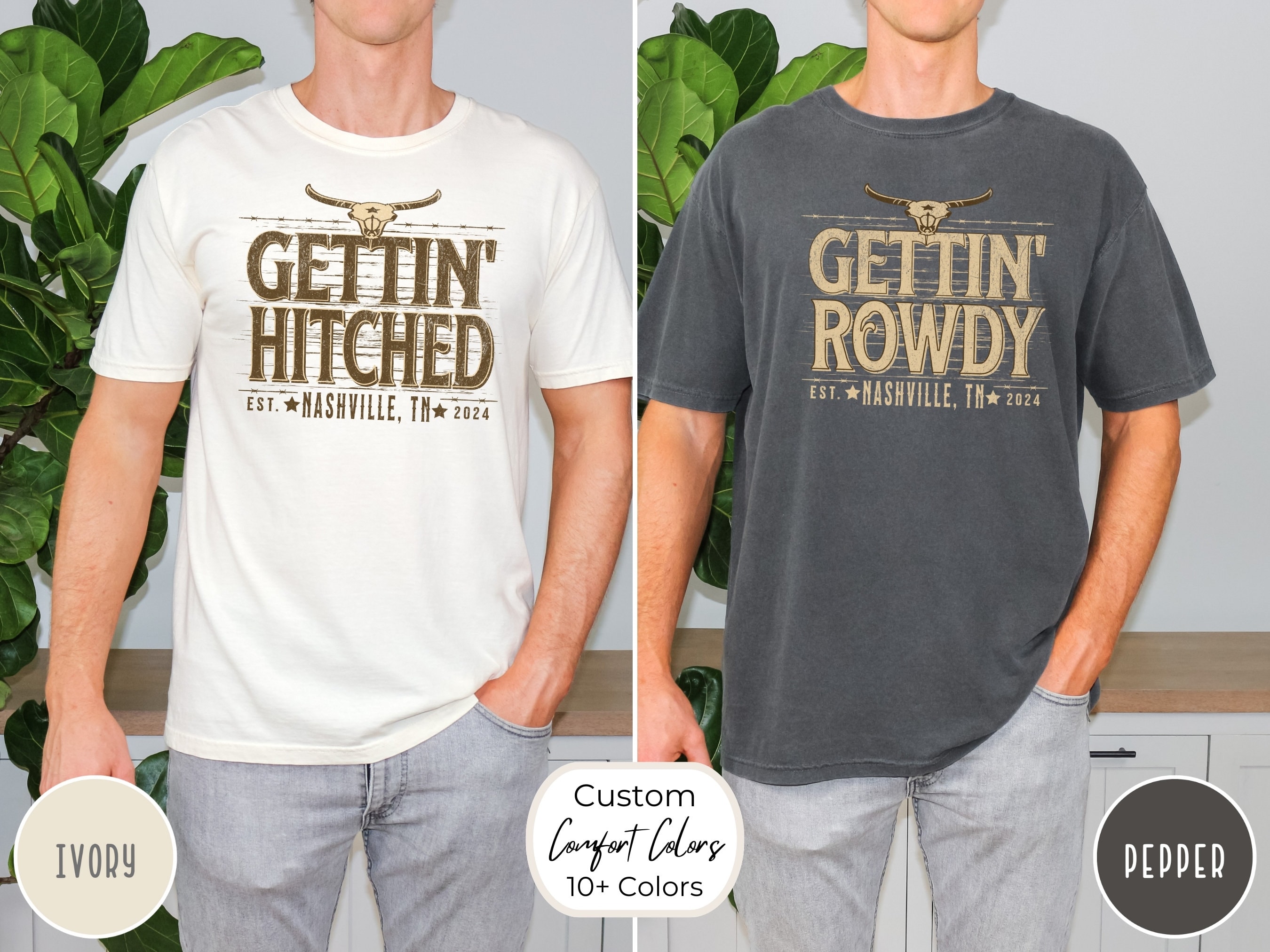 Getting Hitched Getting Rowdy Bachelor Party Shirt Custom Western Guys ...