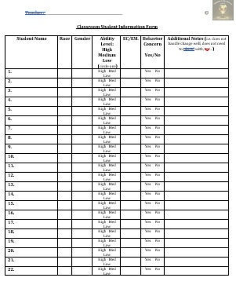 Classroom Student Information Form - Etsy