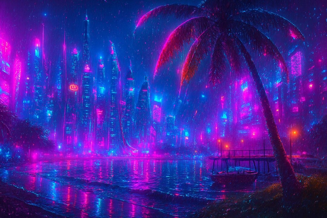 Cyberpunk Beach City Wall Art | Futuristic Neon Coastal Skyline Digital ...