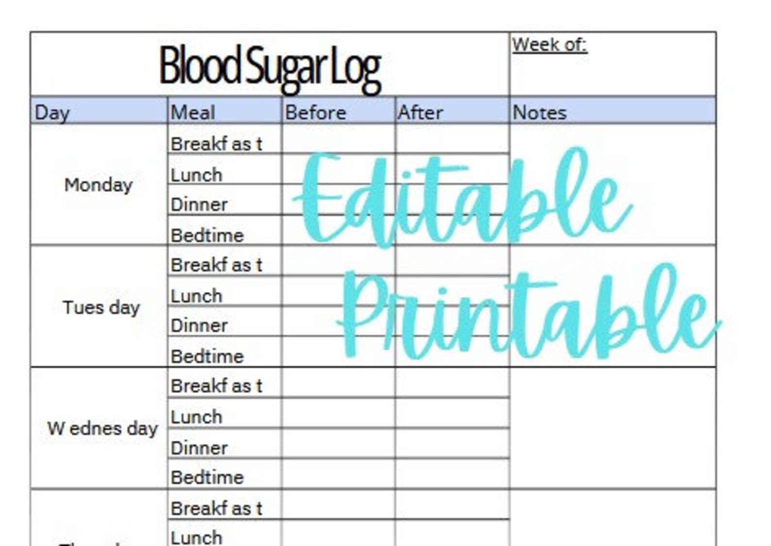 Editable and Printable Blood Sugar Log - Etsy
