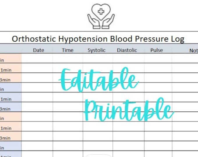 Editable and Printable Orthostatic Hypotension Blood Pressure Log - Etsy