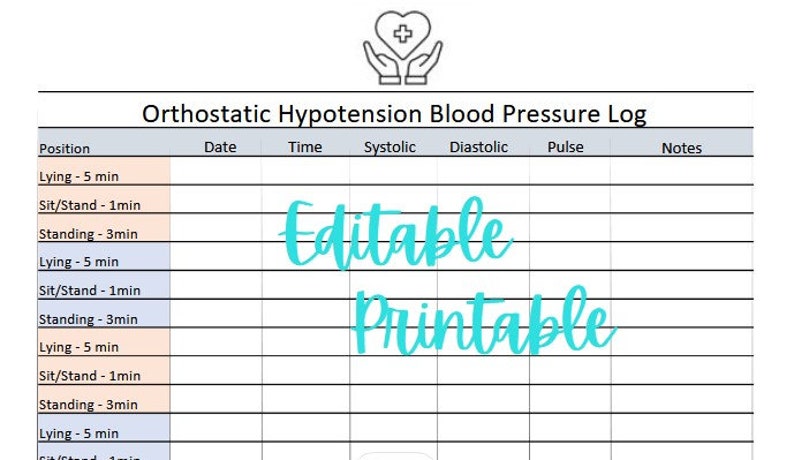 Editable and Printable Orthostatic Hypotension Blood Pressure Log - Etsy