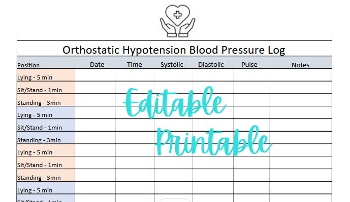 Editable and Printable Orthostatic Hypotension Blood Pressure Log - Etsy
