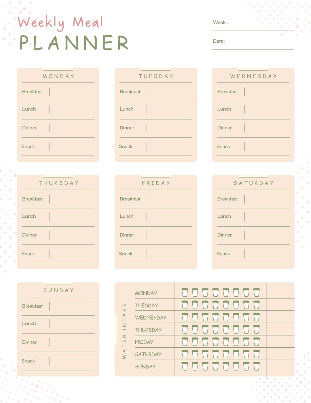 Weekly Meal Planner, Blank Meal Plan Sheet, Downloadable Planner ...