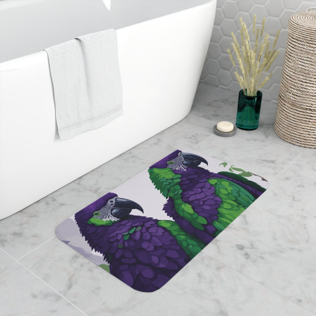 Green Parrot Mat Royal Purple Bird Bath Rug Whimsical Parrot Bath Mat ...