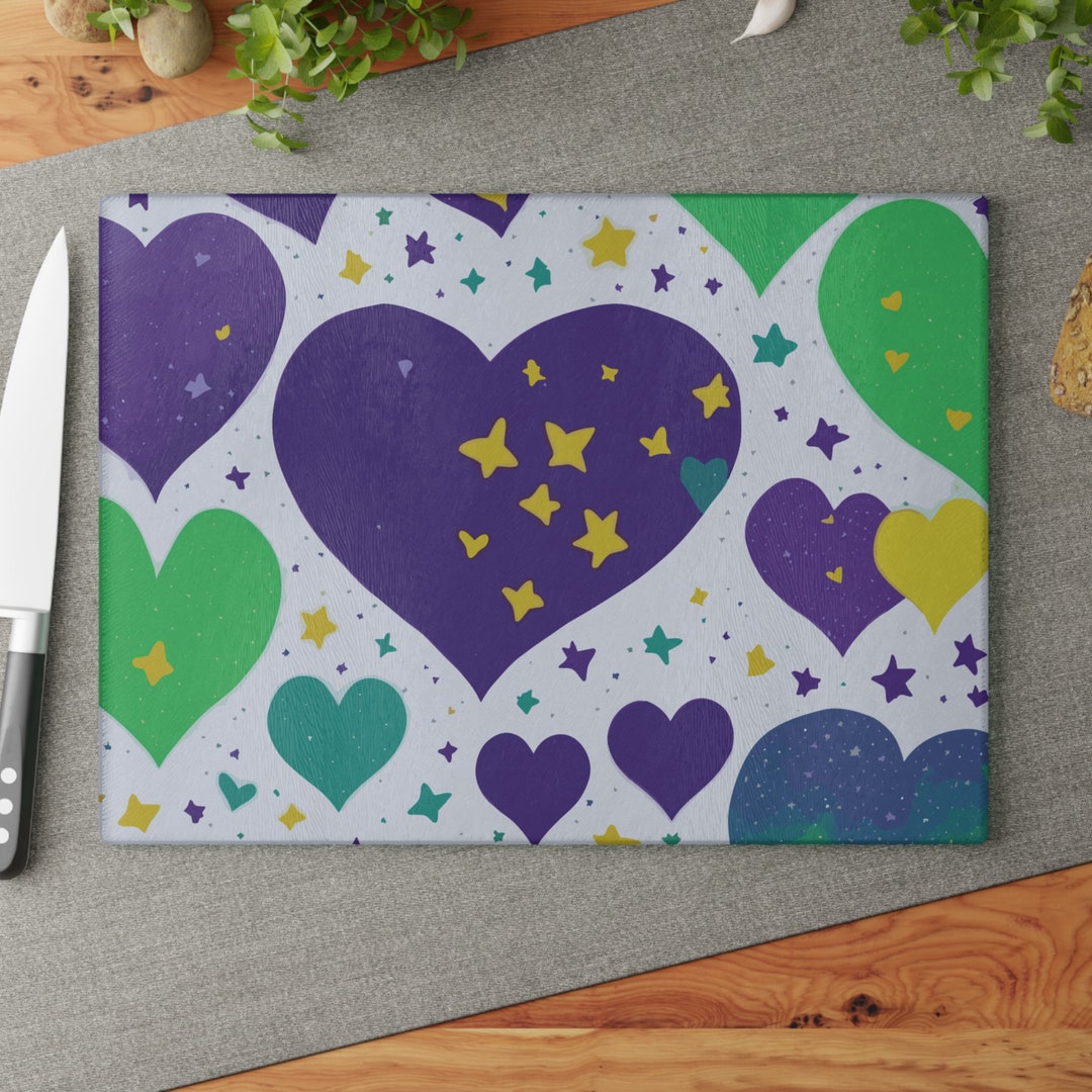 Green Purple Heart Kitchen Board Playful Hearts and Stars Glass Board ...