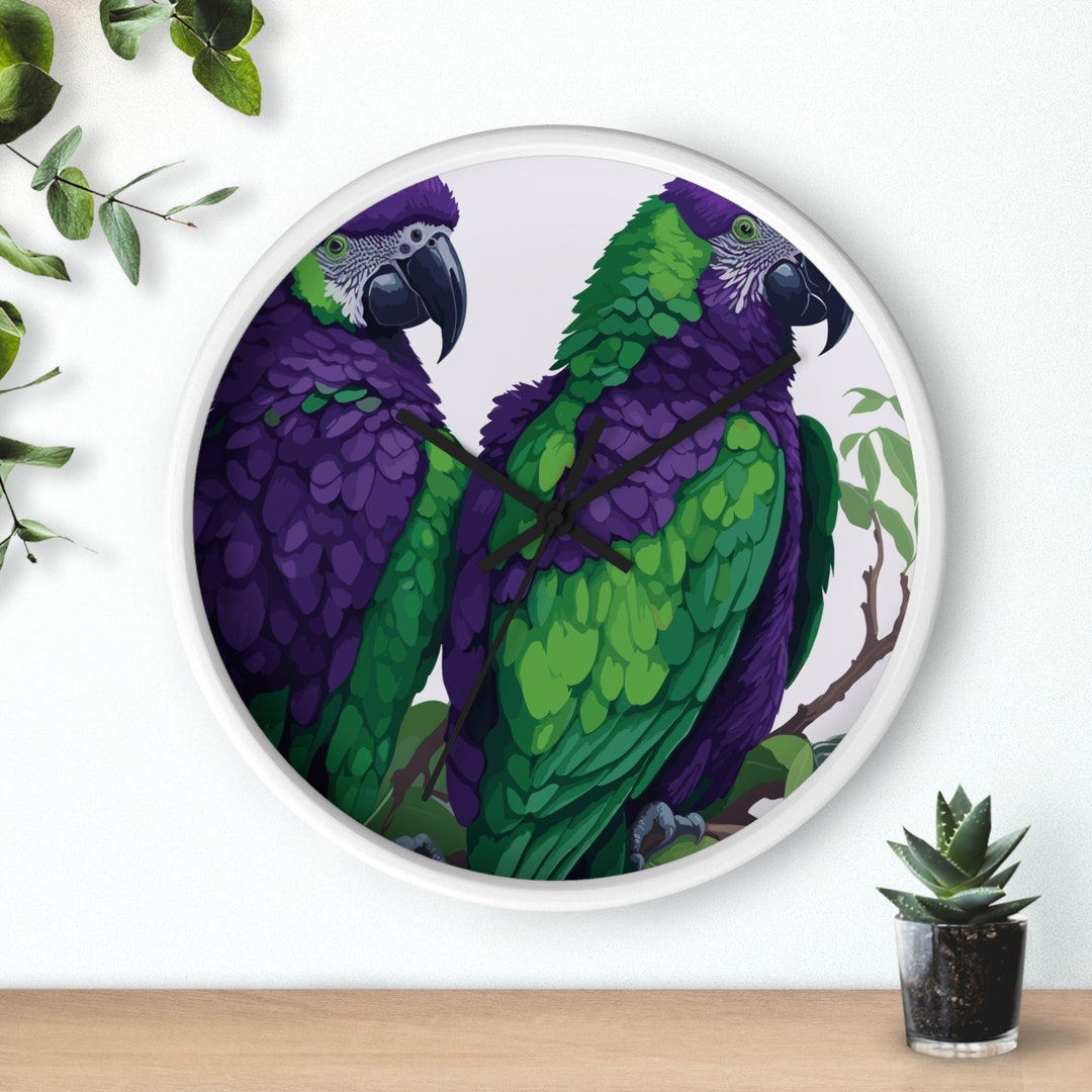 Parrot Watercolor Wall Clock Green Feather Parrot Clock Royal Purple ...