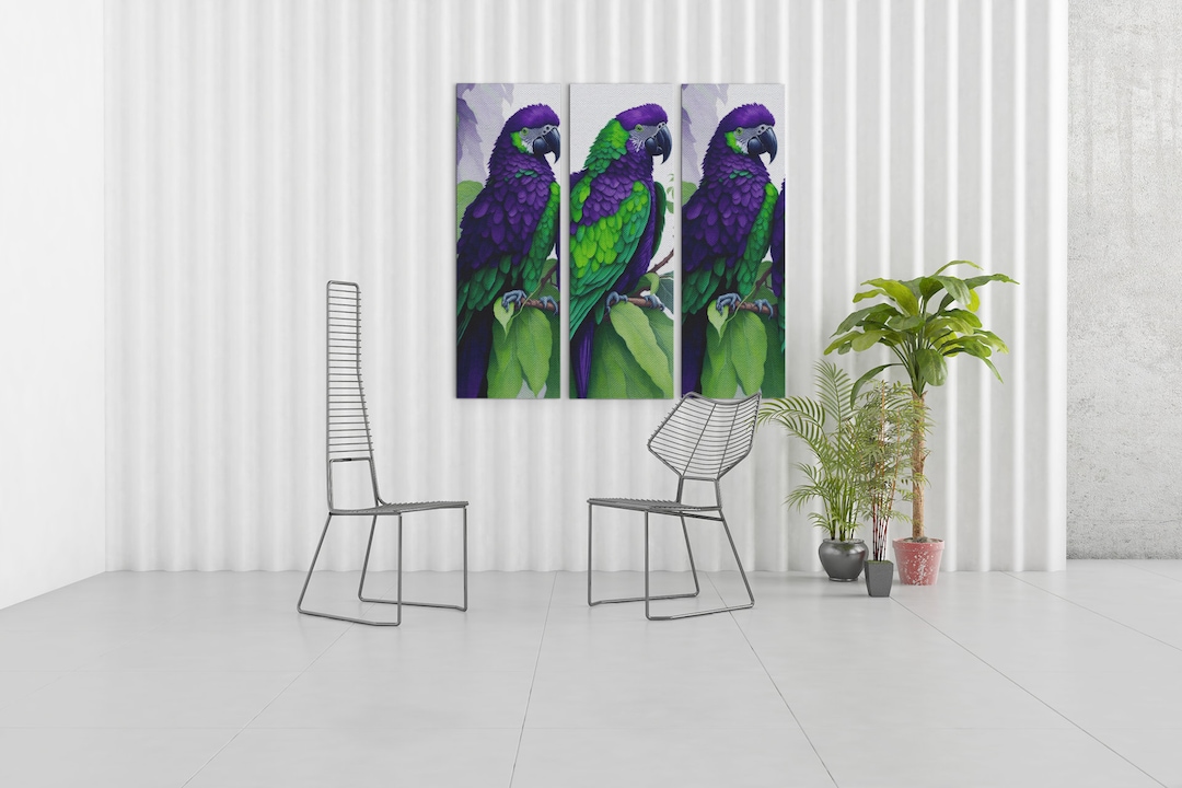 Parrot Lovers Acrylic Triptych Green Feather Parrot Print Royal Purple ...
