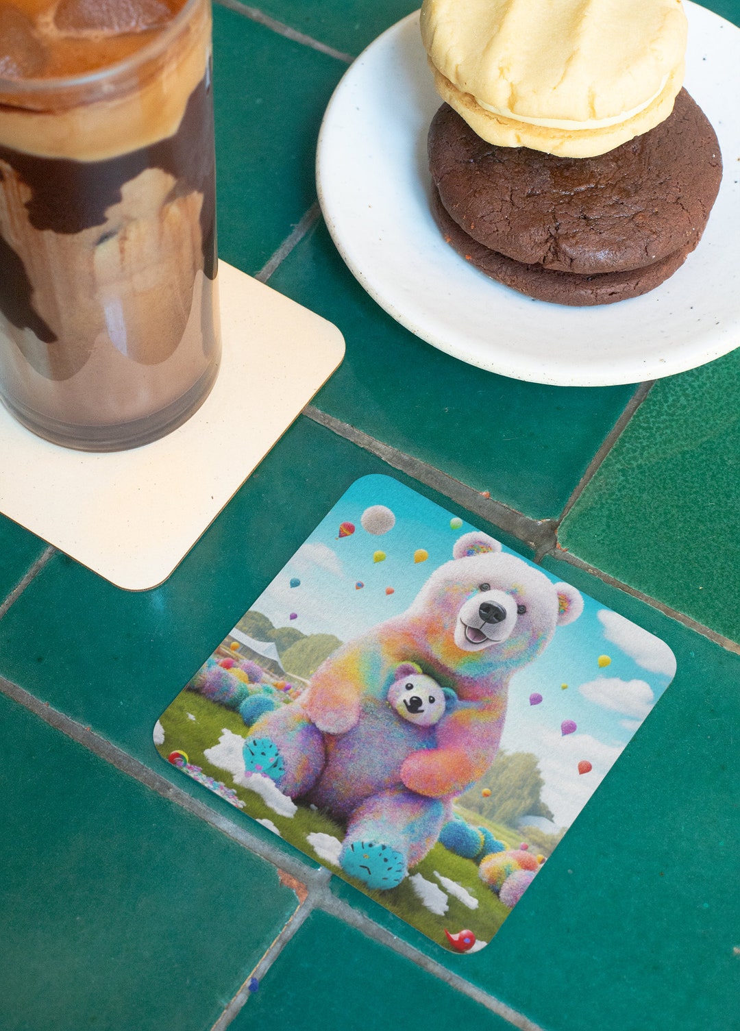 Joyful Bear Coaster Set Rainbow Bear Drink Coasters Sparkle Bear Table ...