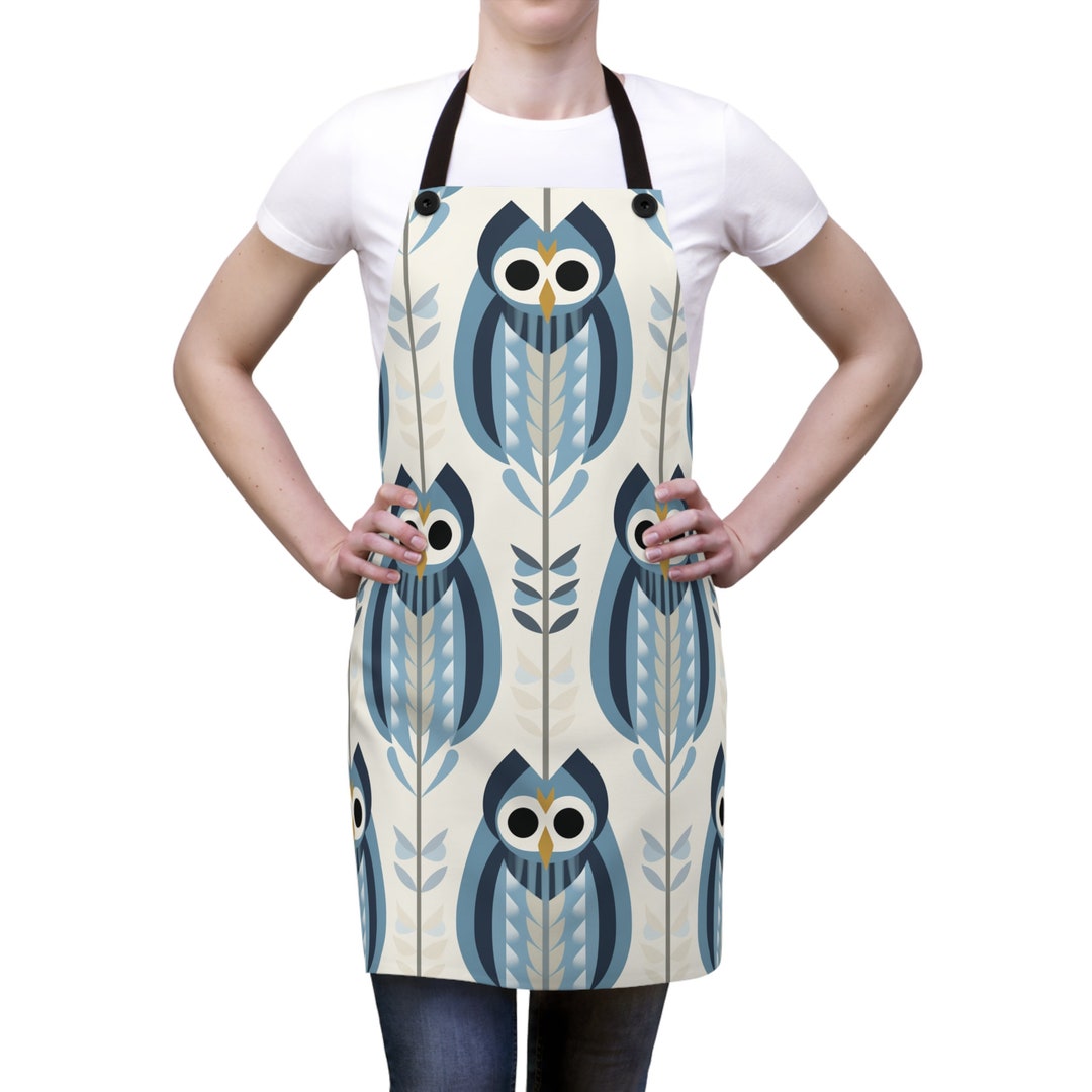 Retro Owl Apron, Bold Geometric Pattern, Blue & Mustard Color AOP - Etsy
