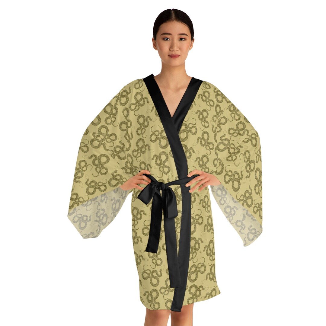 Snake Pattern Long Sleeve Kimono Robe, Serpent Print Loungewear ...