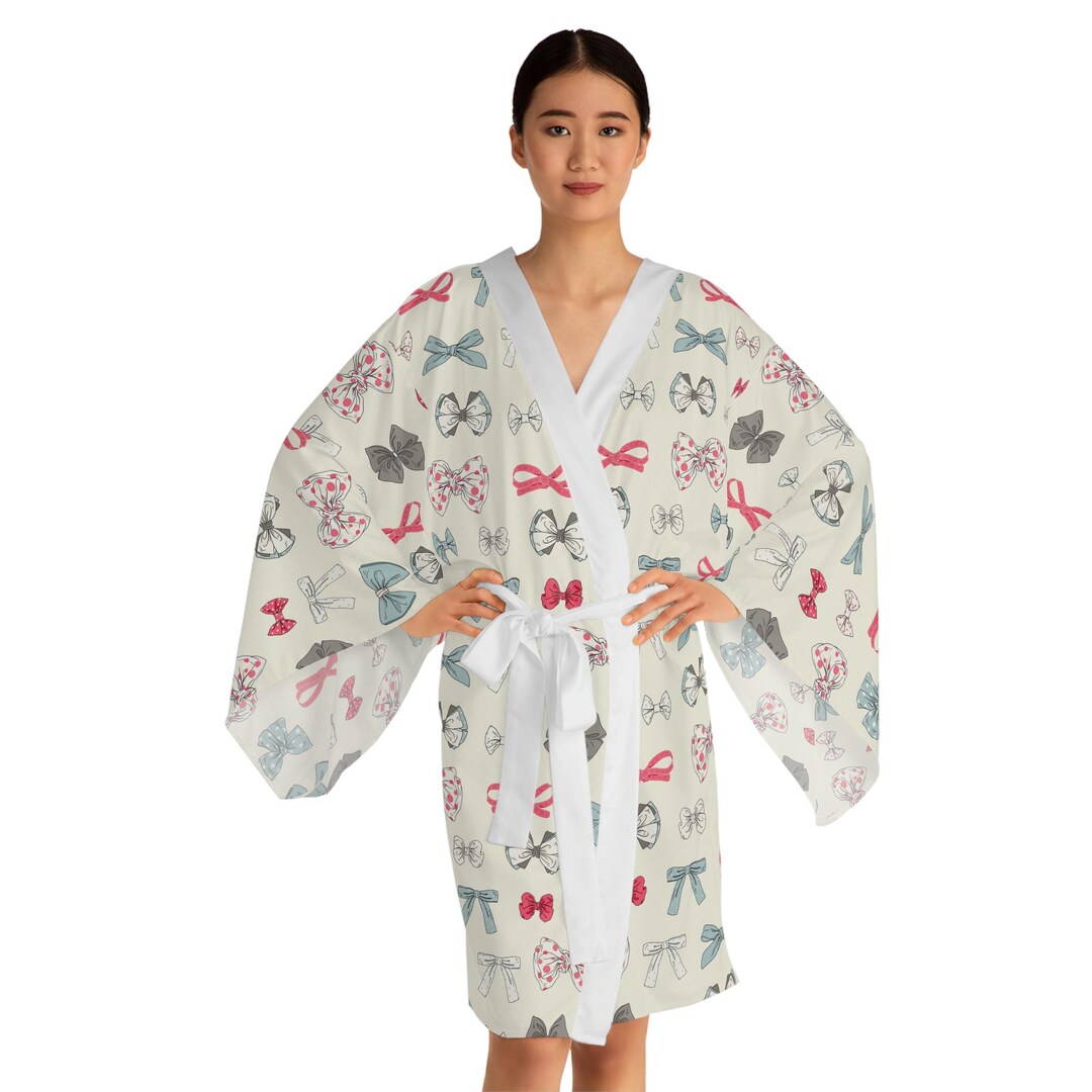 Bow Pattern Long Sleeve Kimono Robe Cozy Lounge Wear, Japanese Style ...