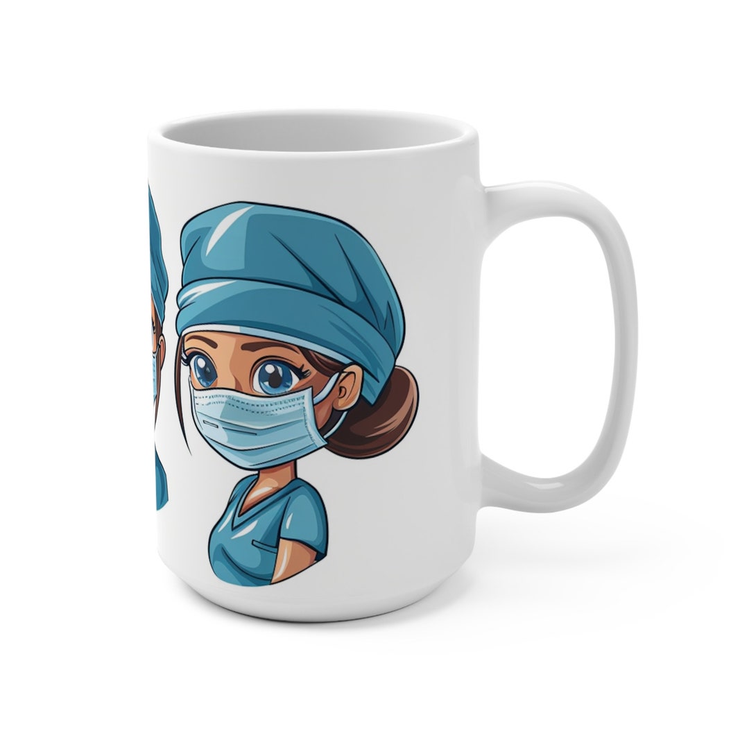 Illustrated Nurse Trio Mug - Cute Scrub Hat and Mask Design / Mug 15oz ...