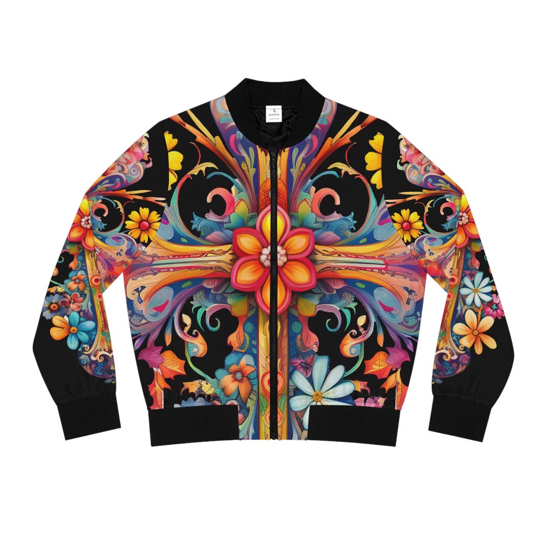 Vintage-inspired Floral Cross Women's Bomber Jacket Trendy Urban Wear ...