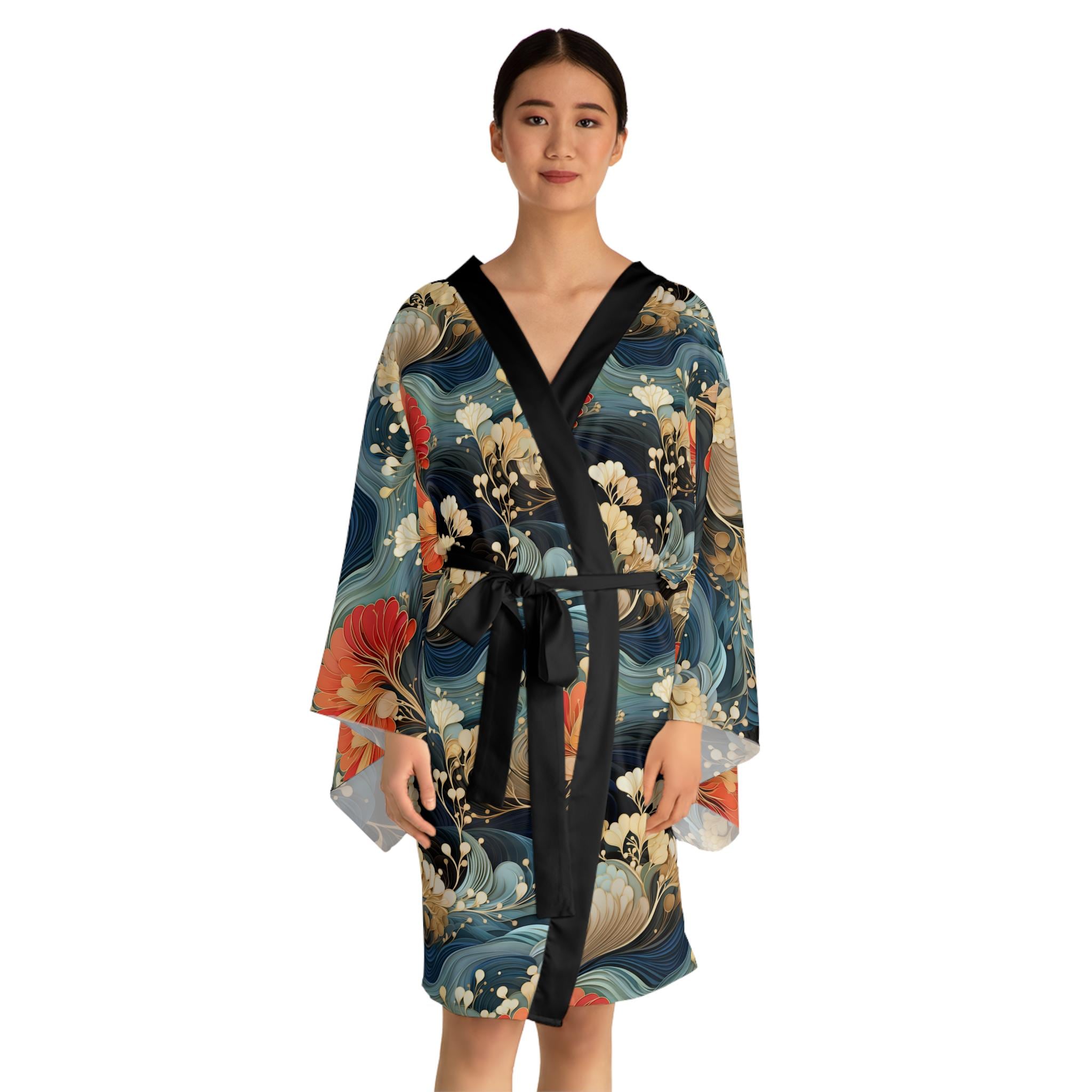 Japanese Surreal Motif Long Sleeve Kimono Robe, Women's Robe ...