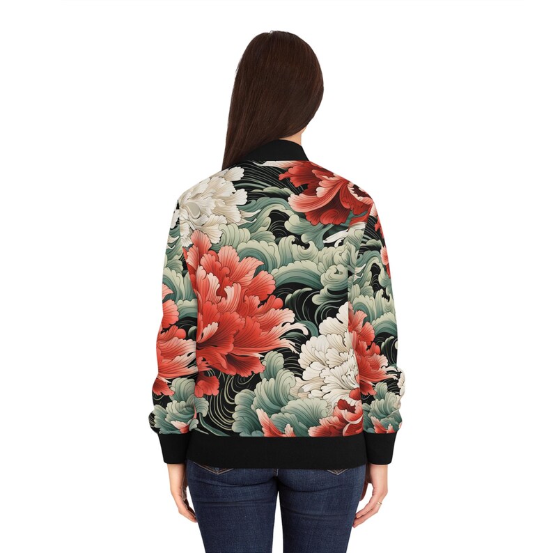 Wavey Traditional Japanese Flower Bomber Jacket for Women Stylish Outerwear vintage-inspired ...