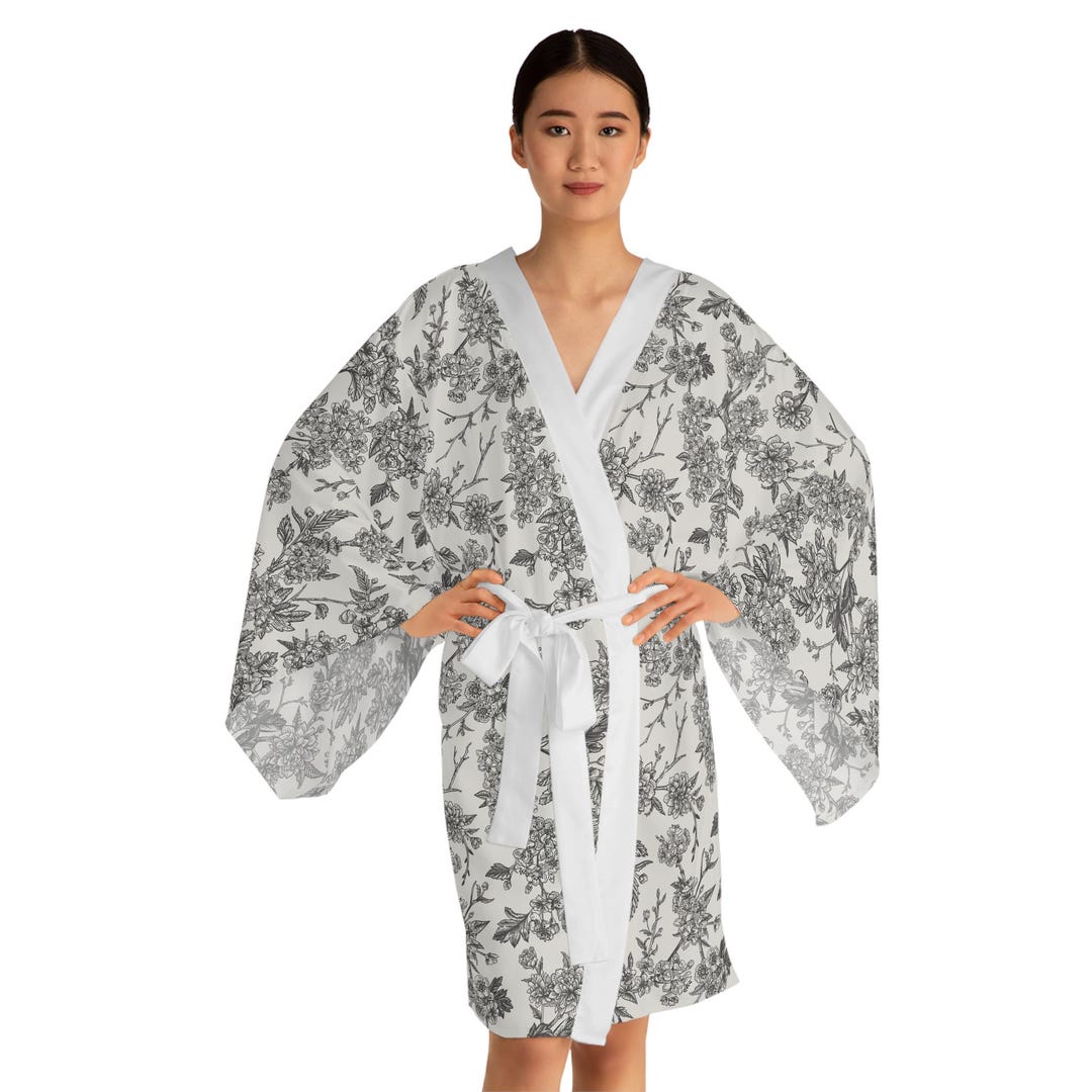 Cherry Blossom Long Sleeve Kimono Robe Japanese Floral Design, Elegant ...