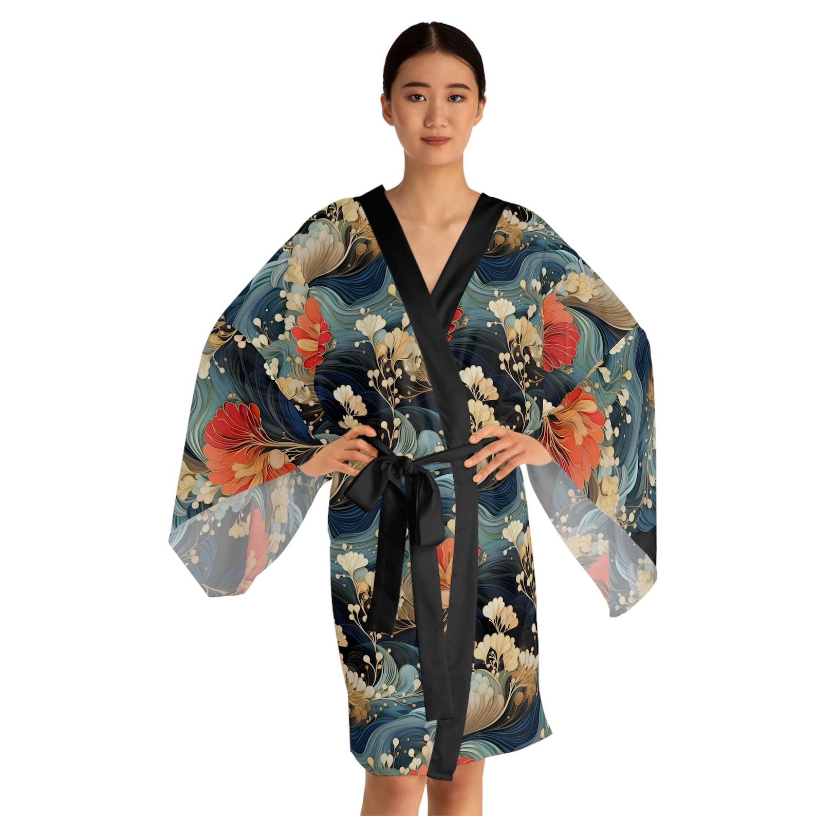 Japanese Surreal Motif Long Sleeve Kimono Robe, Women's Robe ...