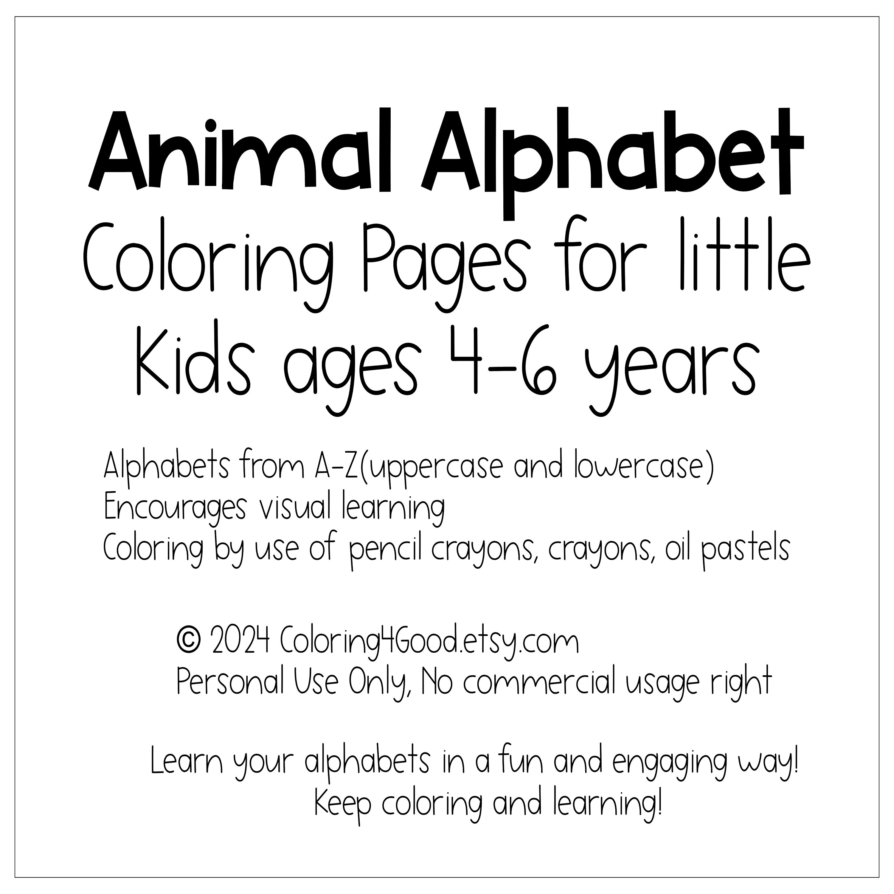 Alphabet Animal Coloring Pages for Kids Aged 4-7 Years, Cute Animal ...