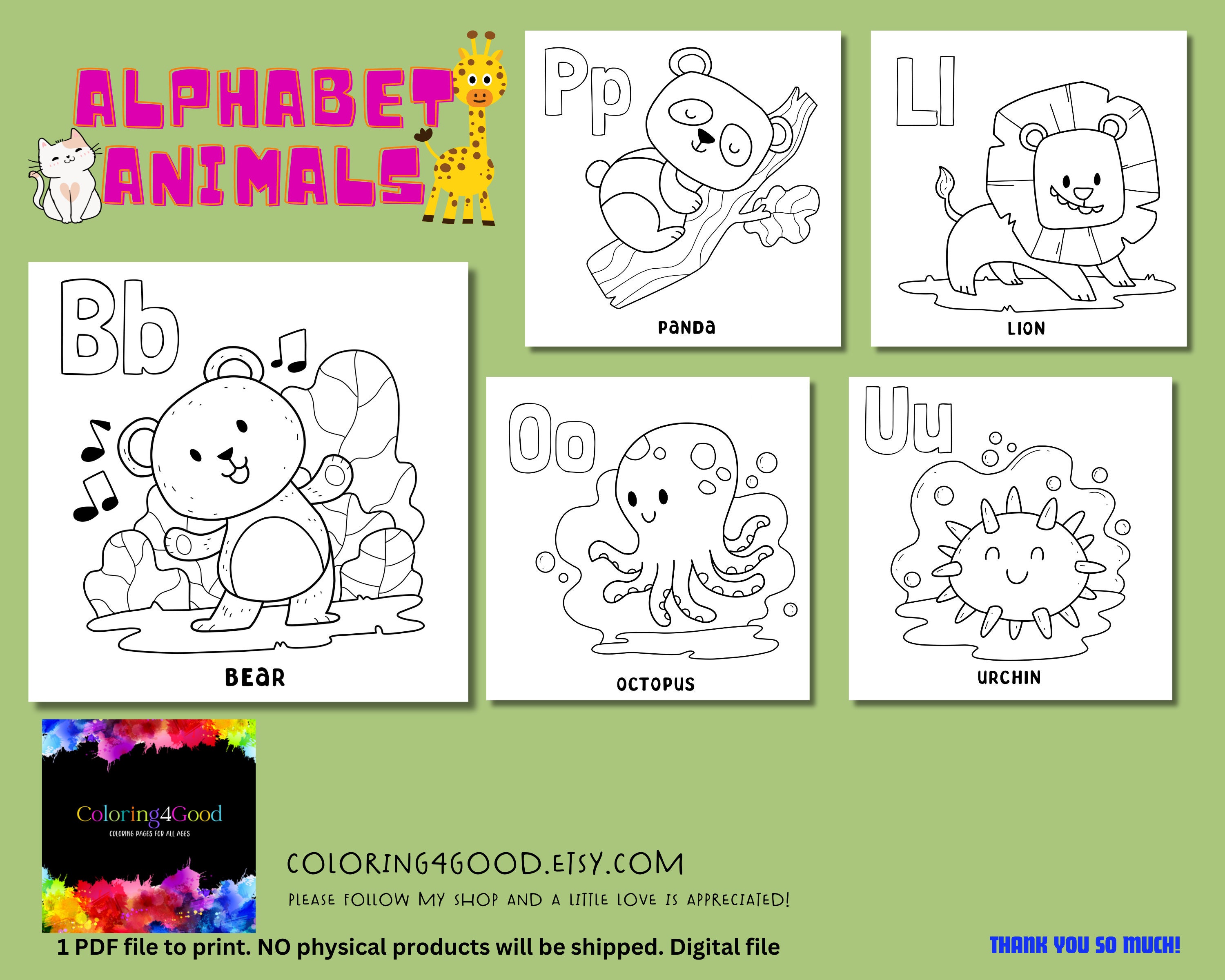 Alphabet Animal Coloring Pages for Kids Aged 4-7 Years, Cute Animal ...