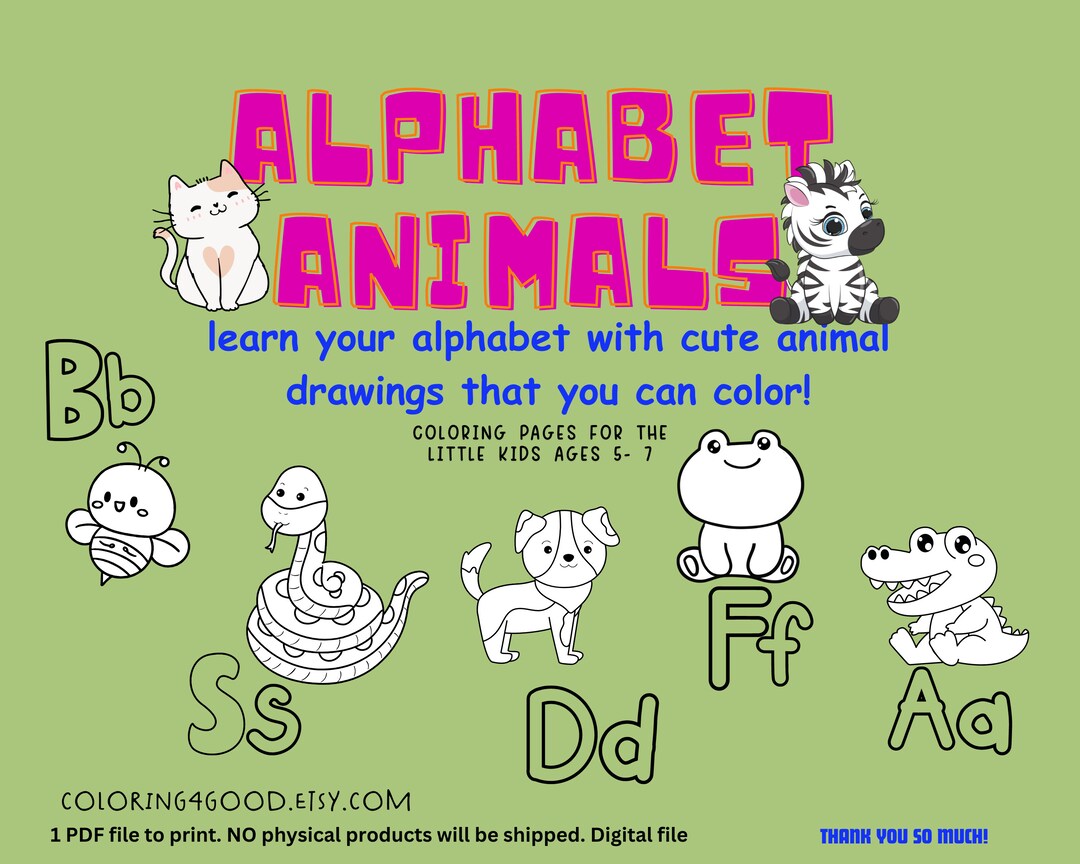Alphabet Animal Coloring Pages for Kids Aged 4-7 Years, Cute Animal ...