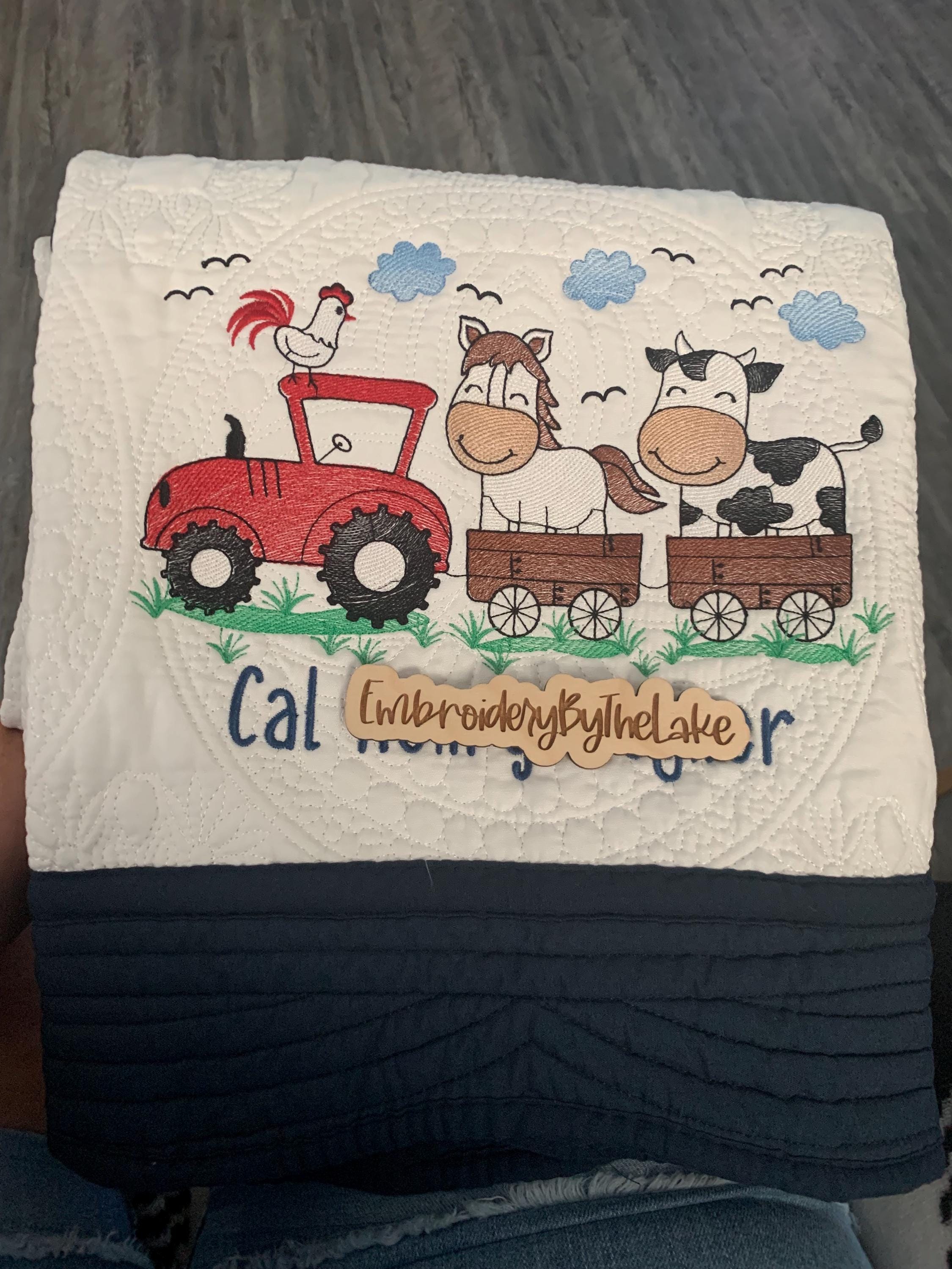 Farm Animal Baby Quilt: Tractor Nursery Blanket, Embroidered Cotton - Etsy