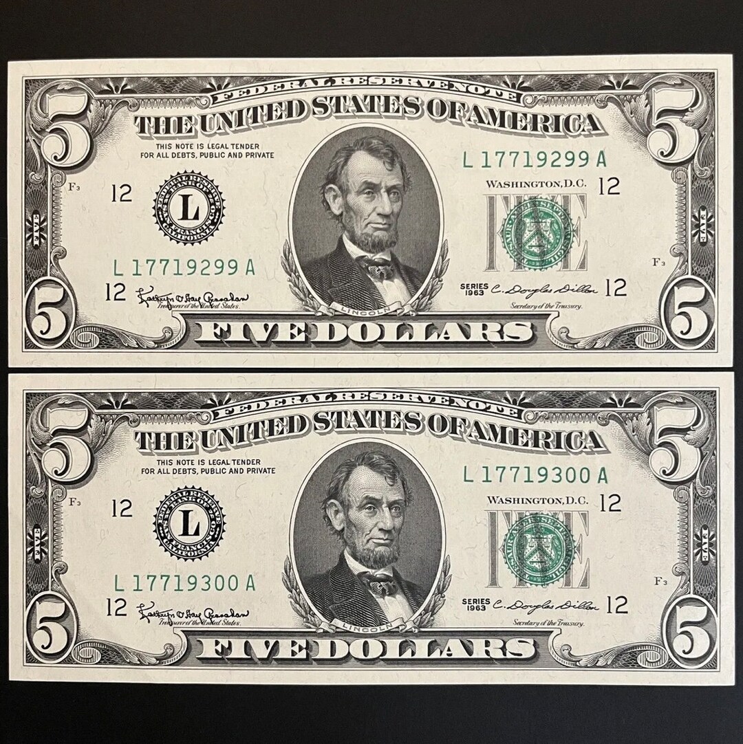 1963 Lot of 2 5 Dollar Federal Reserve Notes CONSECUTIVE SERIAL NUMBERS ...