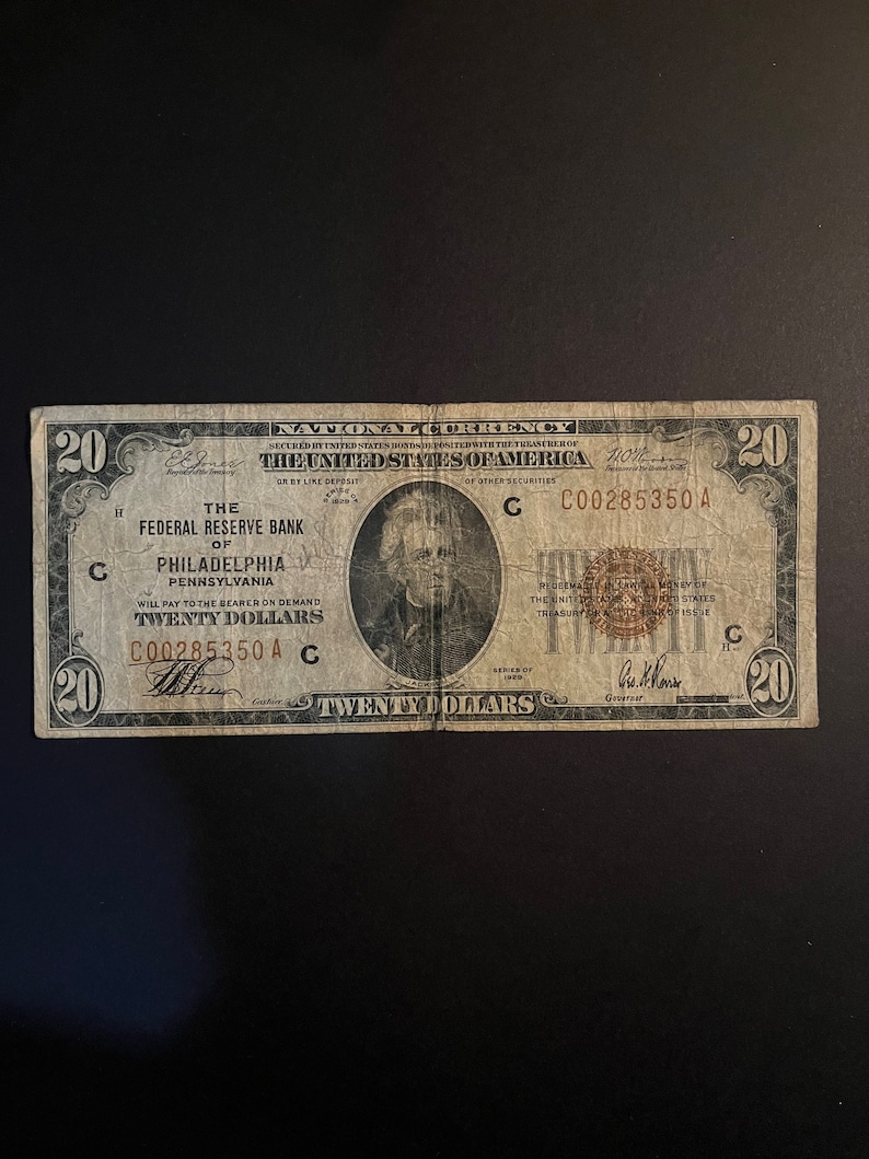 1929 20 Dollar US National Currency Bill Note Philadelphia Pennsylvania ...