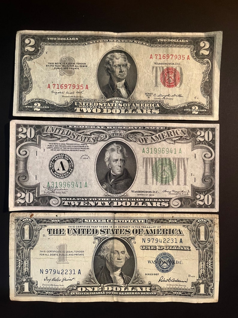 1934 20 Twenty Dollar Bill and 2 Dollar Red Seal/ 1 Dollar Silver ...
