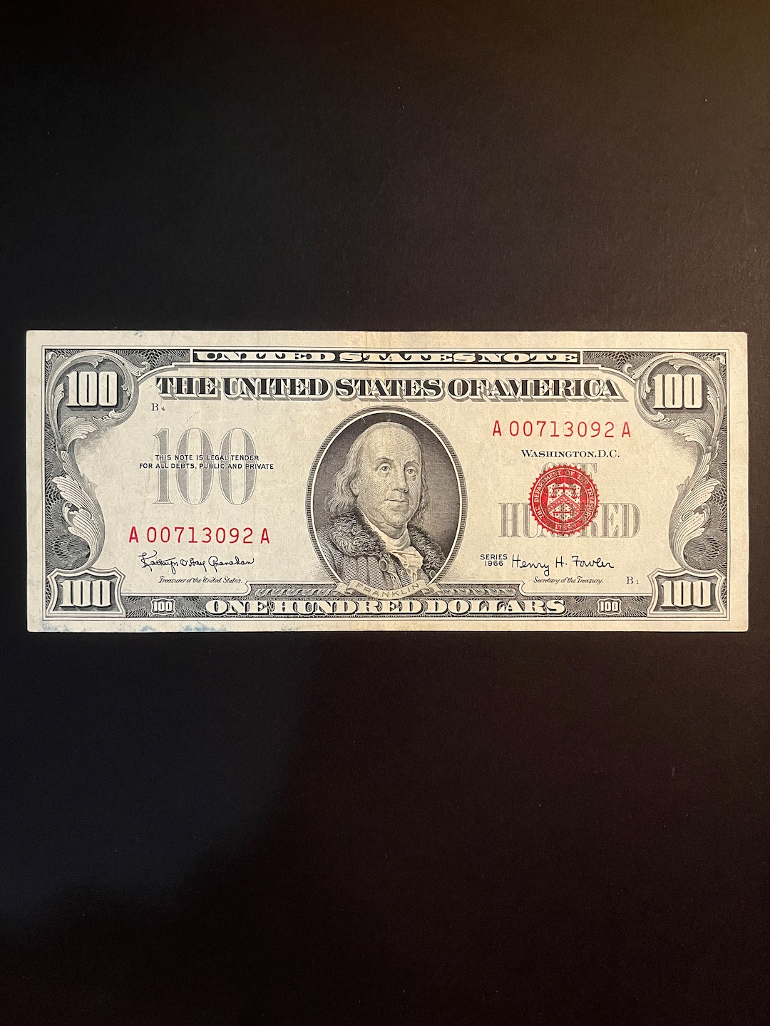 1966 Higher Grade 100 Dollar Red Seal Beautiful US Old Rare Paper Money ...