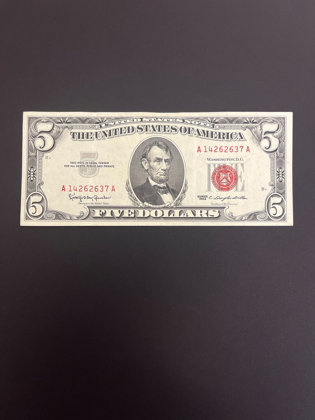 1963 or 1953 Red Seal United States FIVE DOLLAR Bill United States ...