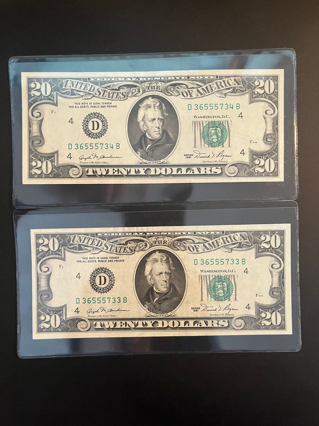 1981 Set of Two Consecutive 20 Dollar Bill Old US Uncirculated Paper ...